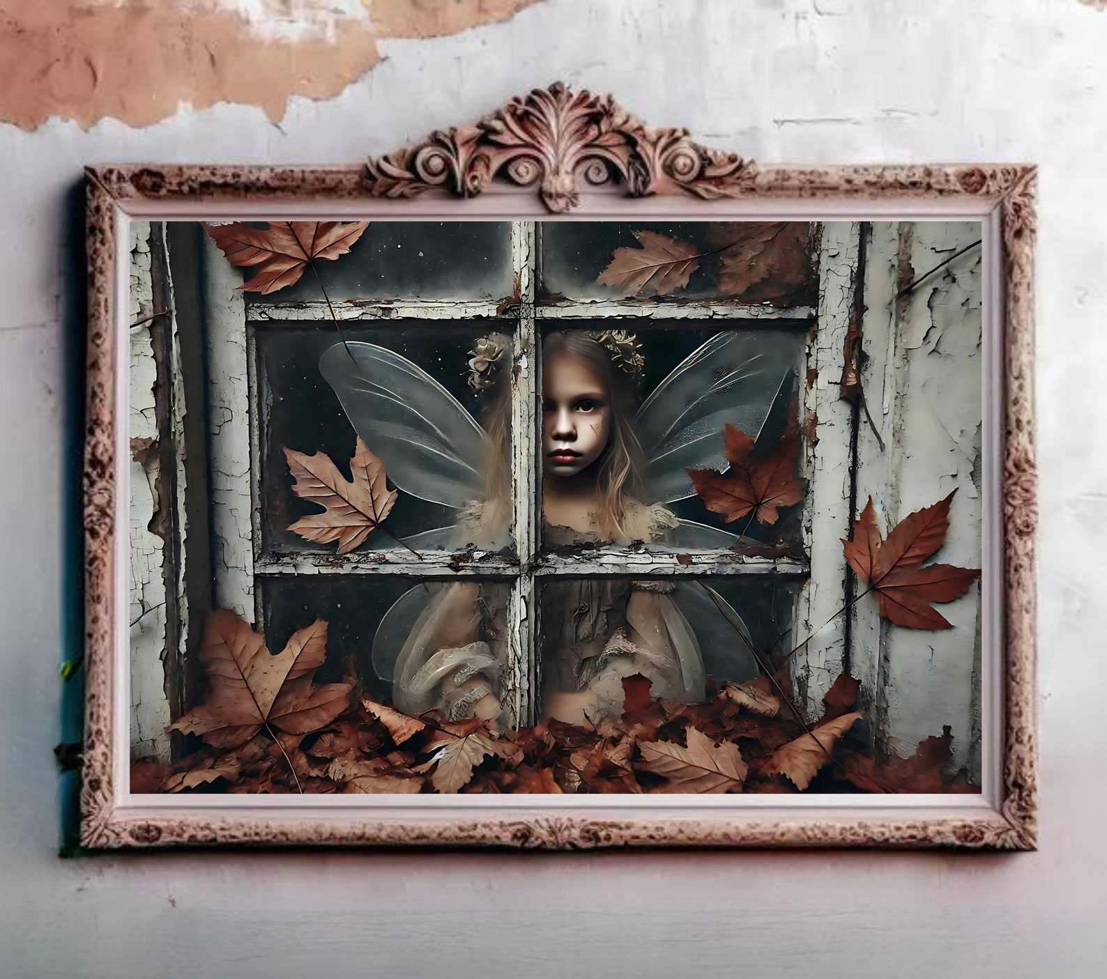 Young Fairy in Window Art Print, Enchanted Autumn Leaves, Fairyland ...