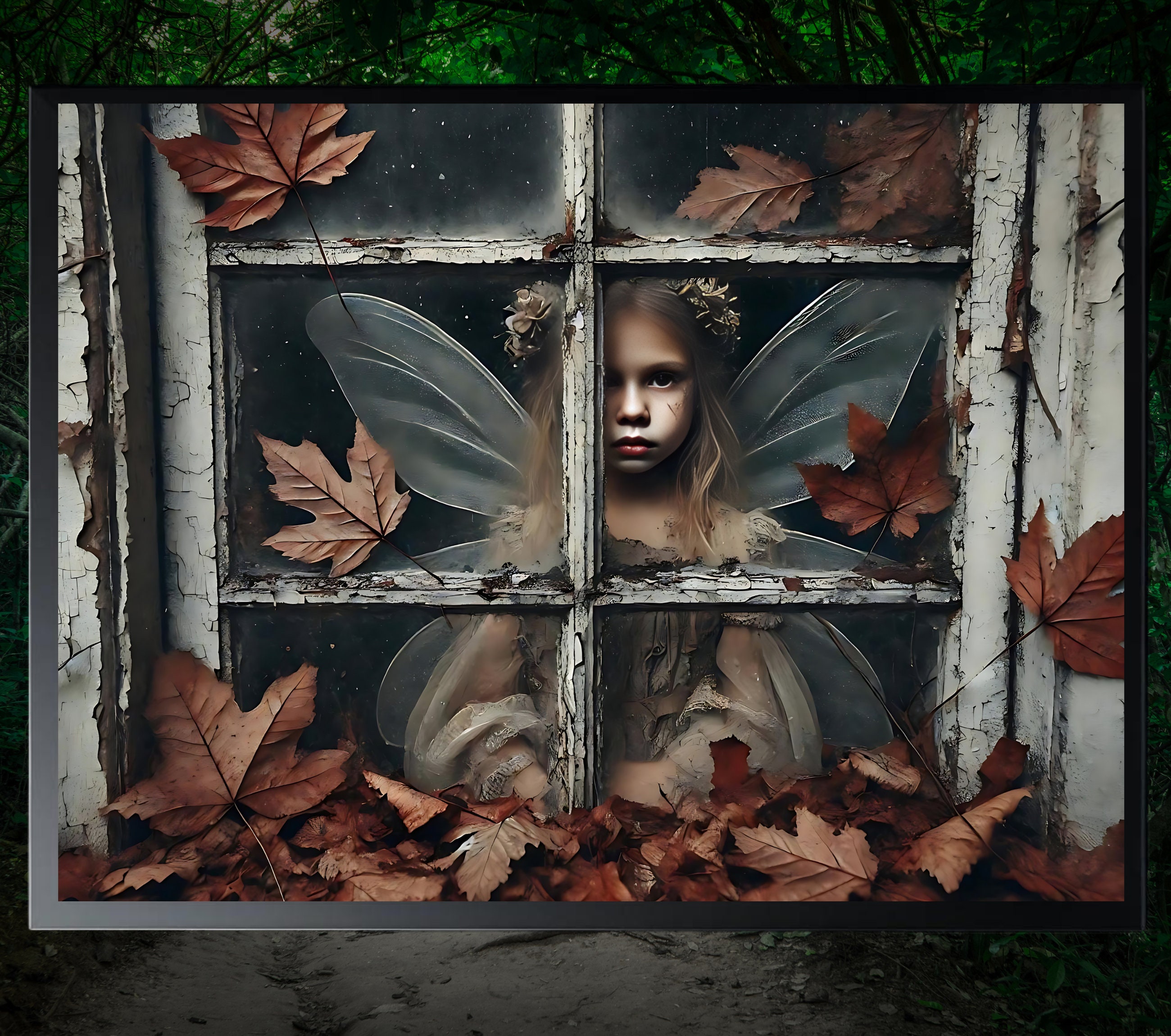 Young Fairy in Window Art Print, Enchanted Autumn Leaves, Fairyland ...