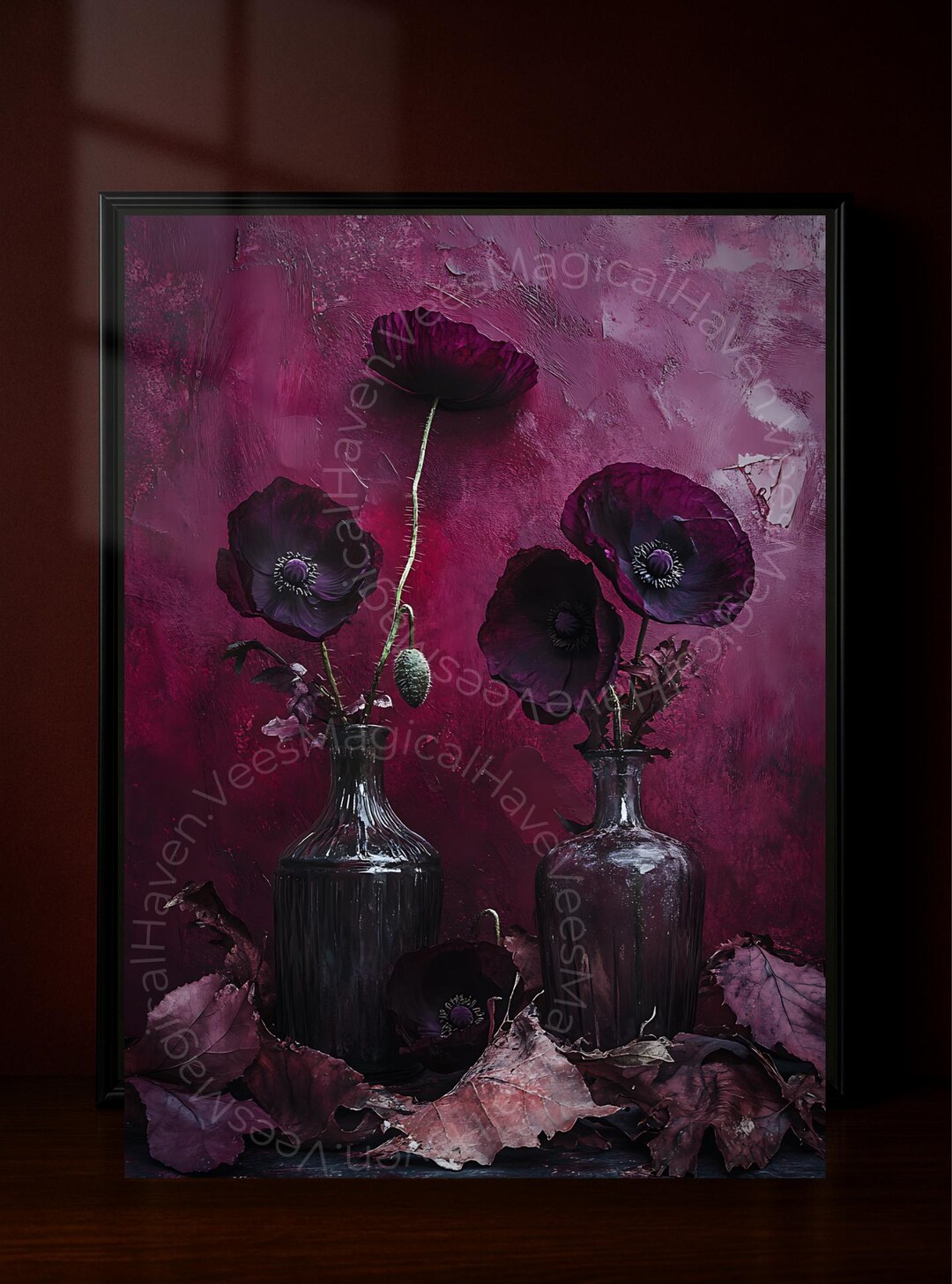 Framed Gothic Poppies Wall Poster, Deep Burgandy and Purple Hues, Dark ...
