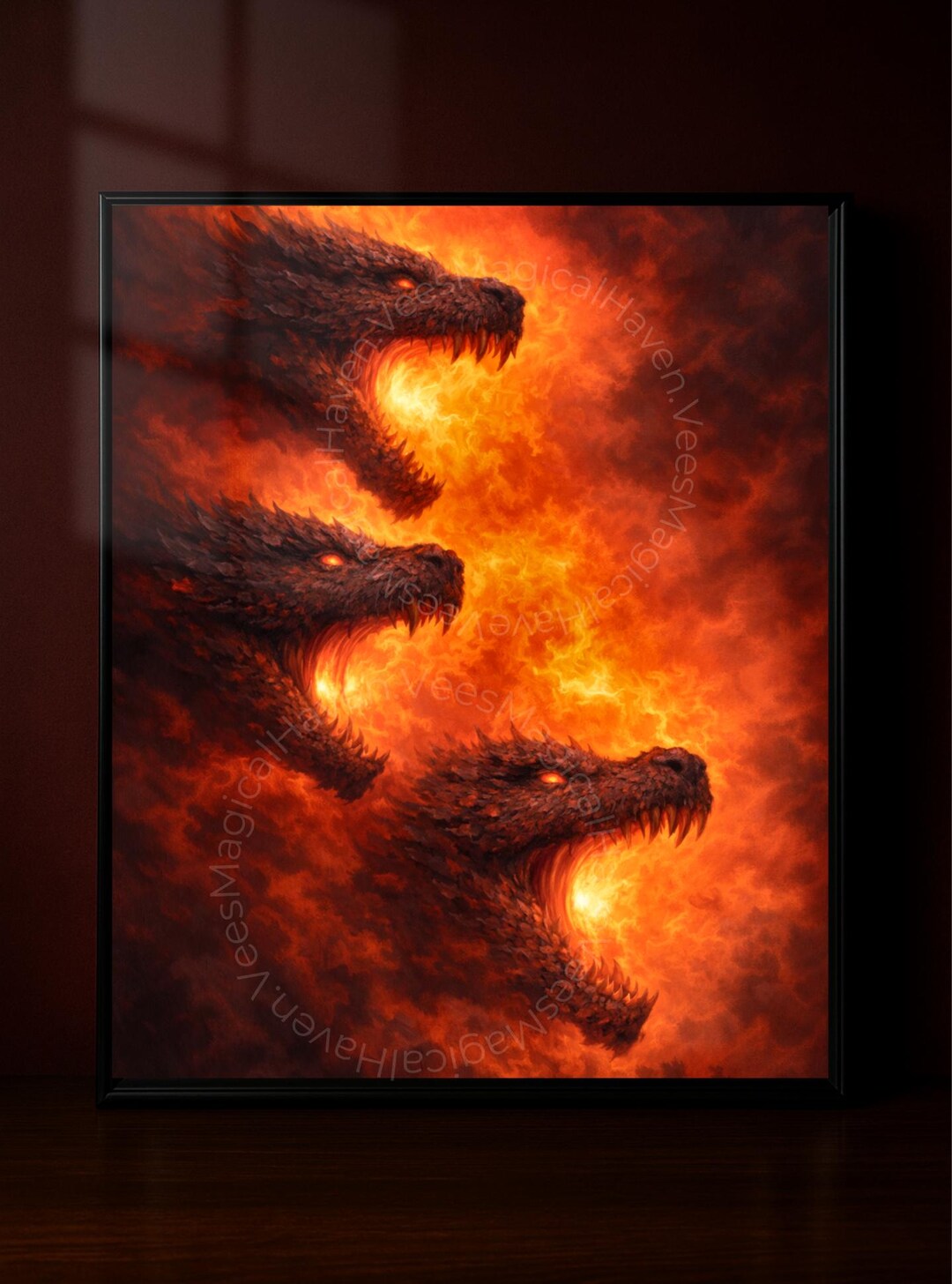 Infernal Dragons Poster, Fire Dragon Wall Art, Dark Fantasy Dragon Art ...