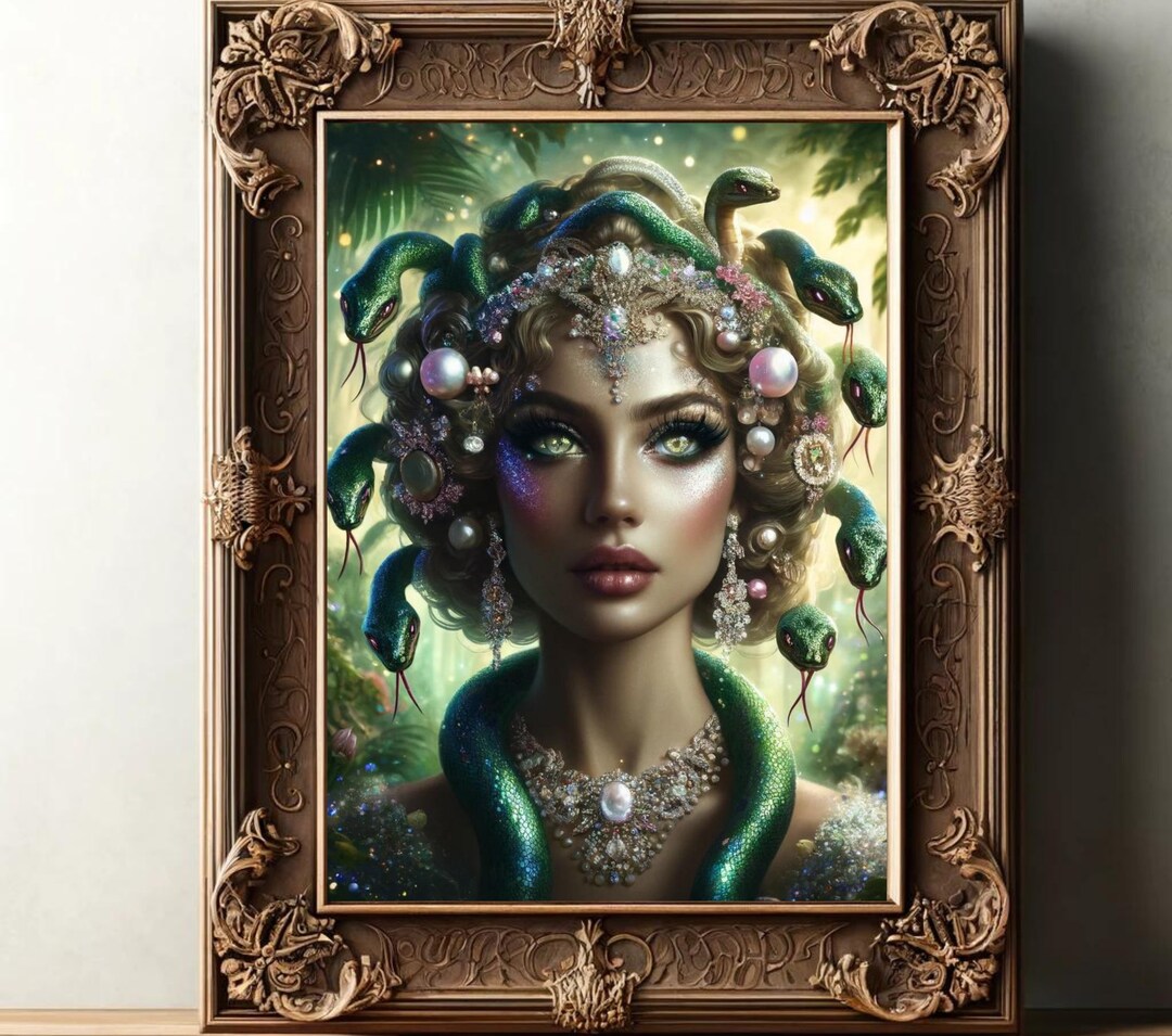Medusa Art Print, Greek Mythology Art, Pearls & Diamonds, Mythical Fantasy Artwork, Dark ...