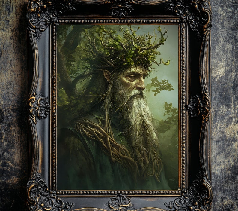Forest Druid With Branch Crown, Woodland Creature Print, Dark Academia ...