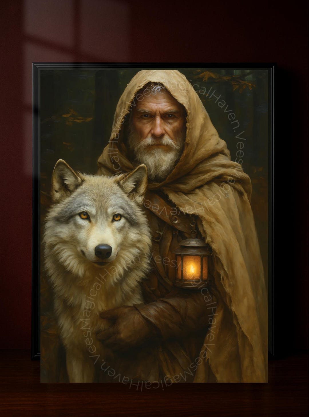 Druid and Wolf Art Print: Dark Fantasy Digital Download, Rustic Forest ...