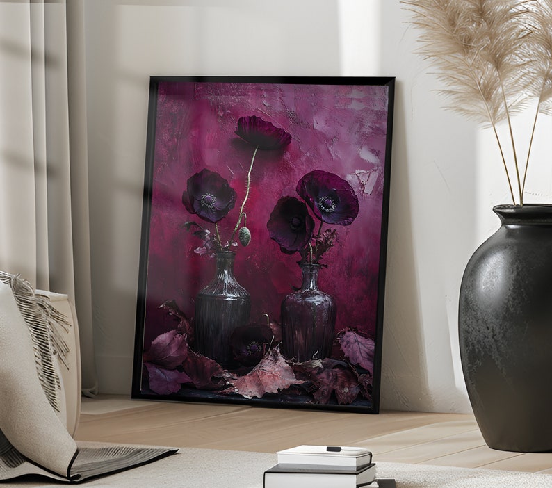 Gothic Poppies Wall Poster, Deep Burgandy and Purple Hues, Dark Fantasy ...