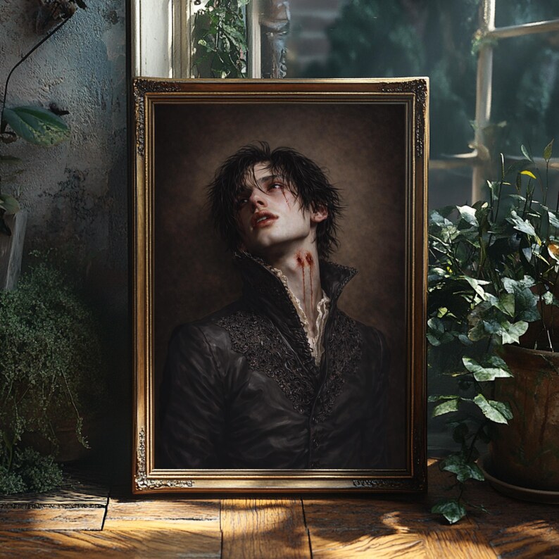 Gothic Male Vampire Bite Portrait, Dark Fantasy Vampire Wall Art ...