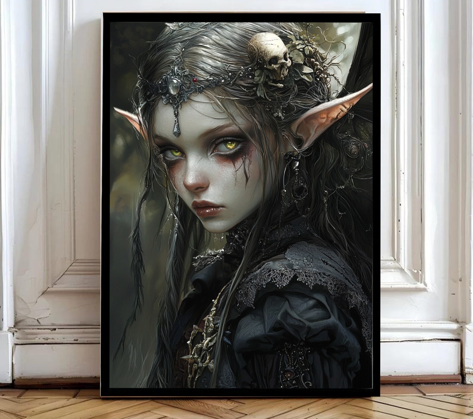 Black Framed Gothic Elf Canvas, Black Victorian Attire in Enchanted ...