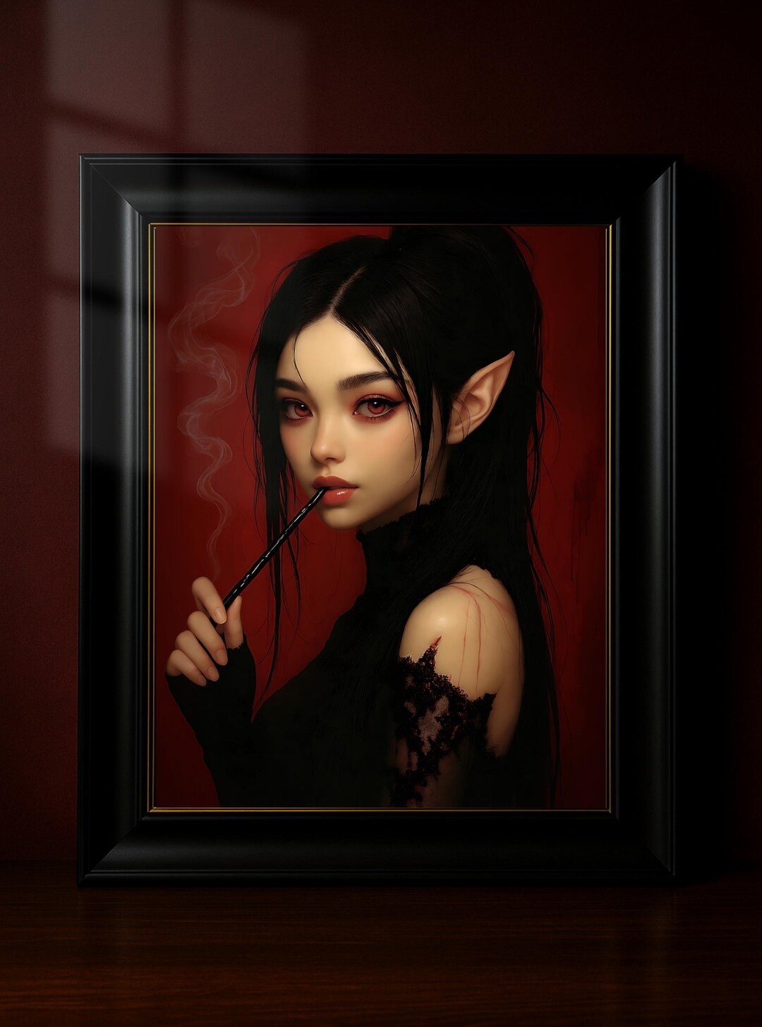 Dark Elf Girl Wall Art, Gothic Fantasy Digital Download, Smoking Elf ...