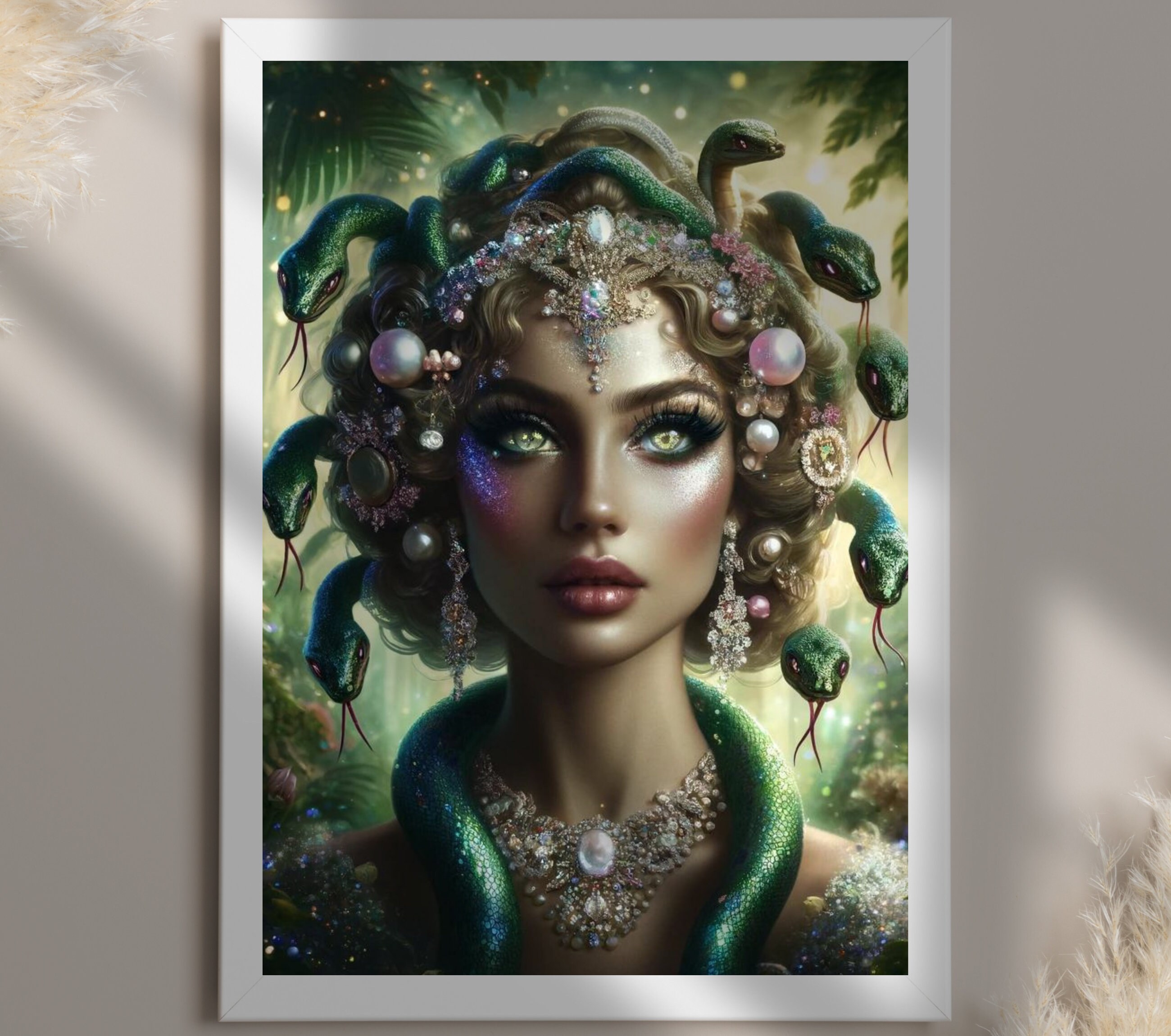 Medusa Art Print, Greek Mythology Art, Pearls & Diamonds, Mythical Fantasy Artwork, Dark ...