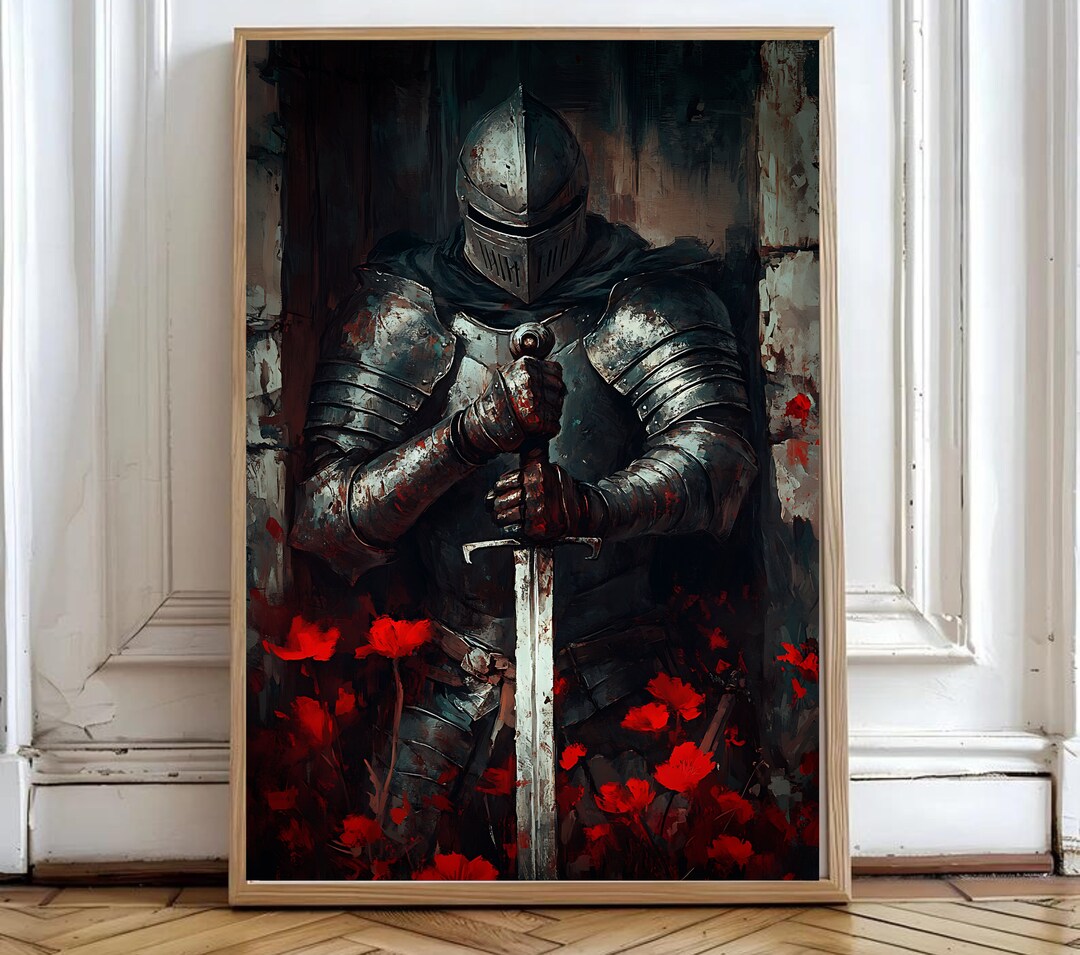 Dark Fantasy Poster of Knight in Tattered Armor, Mythology Art With Red ...