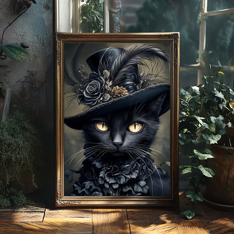 Victorian Black Cat Art Print, Witchy Cat Decor, Gothic Cat Portrait ...