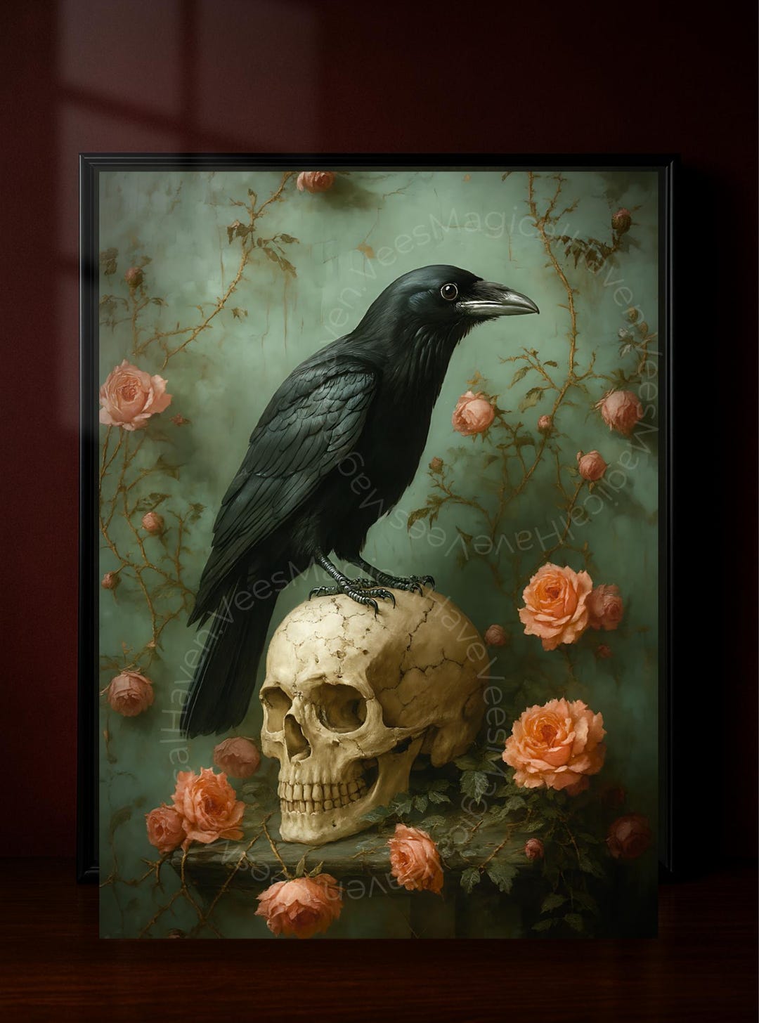 Gothic Raven Poster | Dark Academia Crow Art Print | Skull and Roses ...