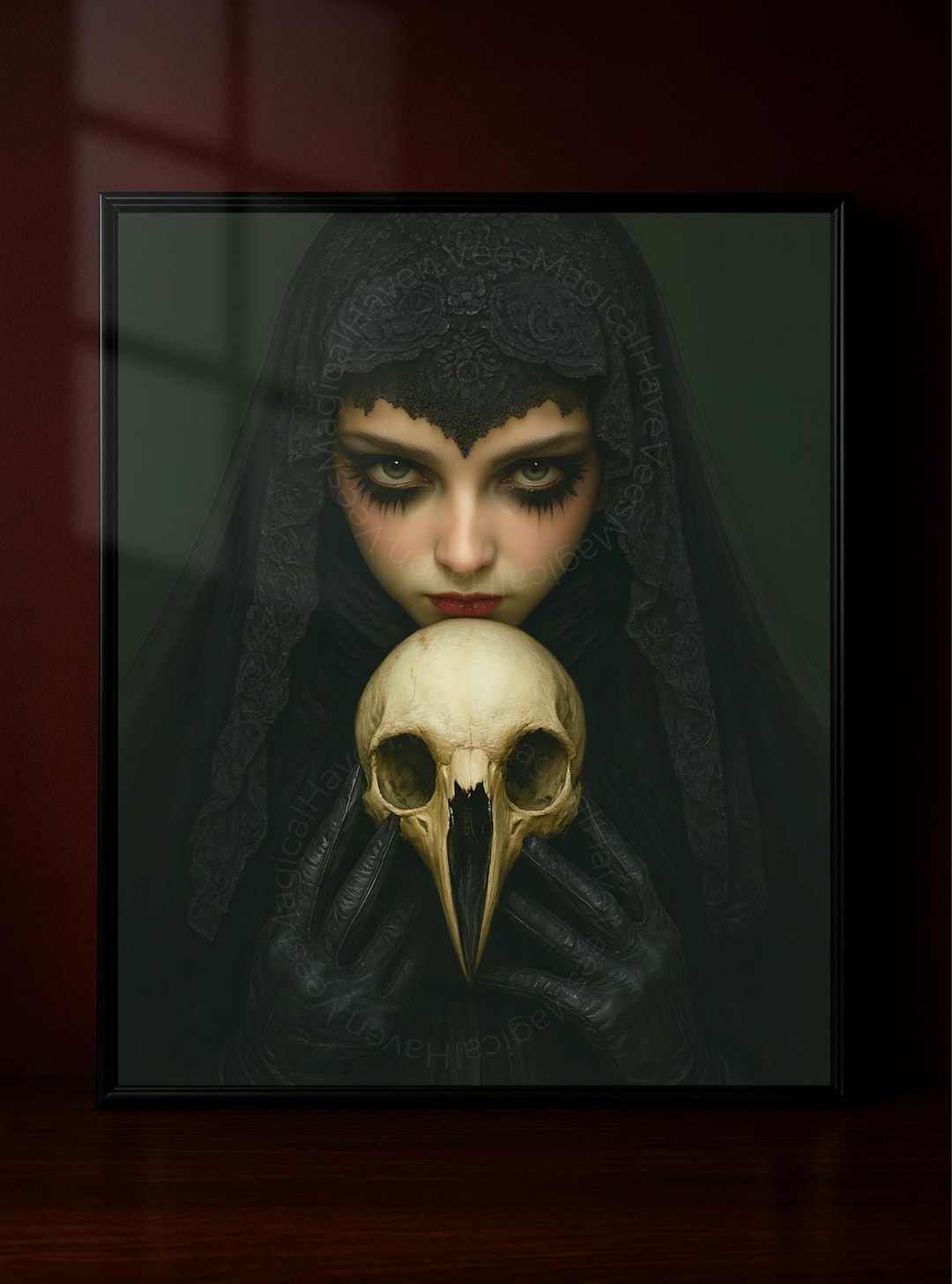 Gothic Veiled Woman Poster, Dark Fantasy Raven Skull Art, Occult Witchy ...