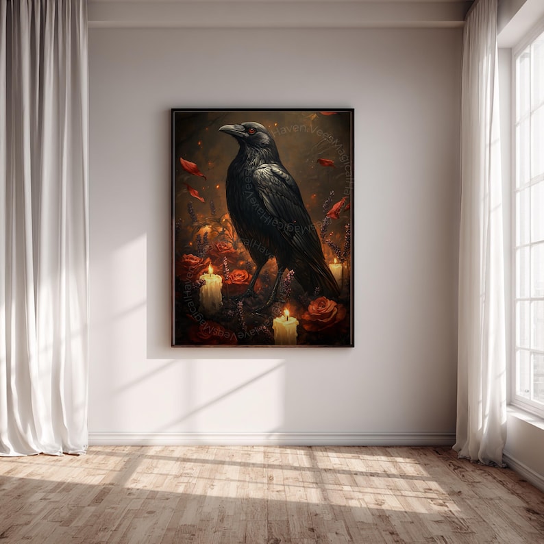 Gothic Raven Poster, Dark Fantasy Wall Art With Candles & Roses ...