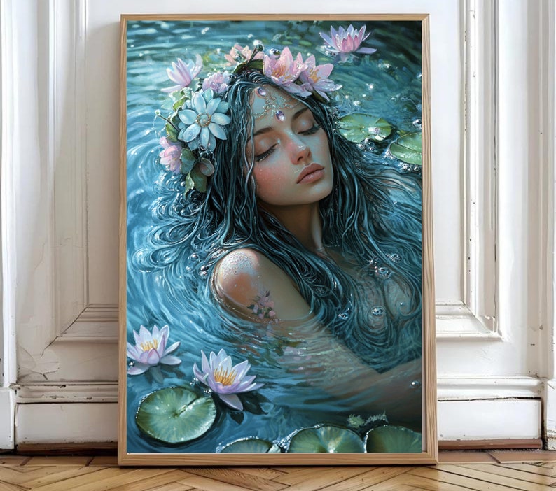 Serene Water Nymph Art Print, Dreamy Lake Fantasy Poster, Tranquil ...
