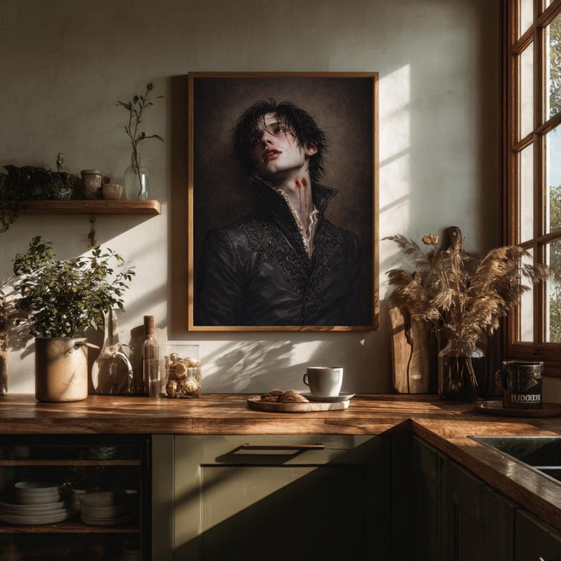 Gothic Male Vampire Bite Portrait, Dark Fantasy Vampire Wall Art ...