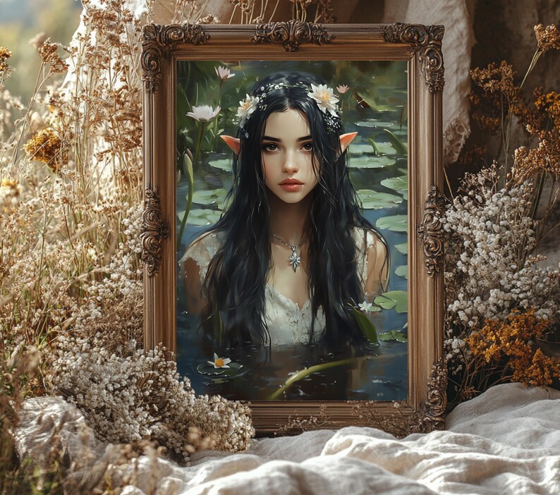 Elf in Lily Pond Poster, Oil Paint Style, Cottagecore Wall Art, Dark ...