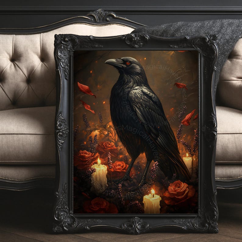 Gothic Raven Poster, Dark Fantasy Wall Art With Candles & Roses ...