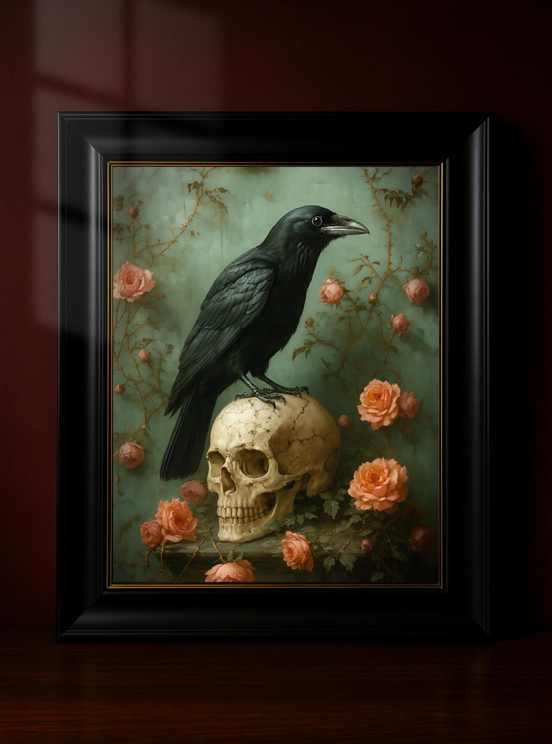 Gothic Raven Poster | Dark Academia Crow Art Print | Skull and Roses ...