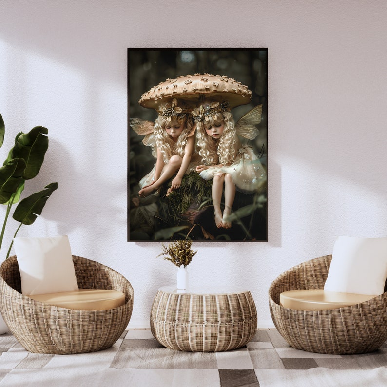 Enchanted Forest Fairy Art Framed Poster, Young Fairies & Mushroom ...