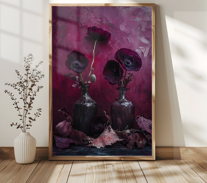 Gothic Poppies Wall Poster, Deep Burgandy and Purple Hues, Dark Fantasy ...