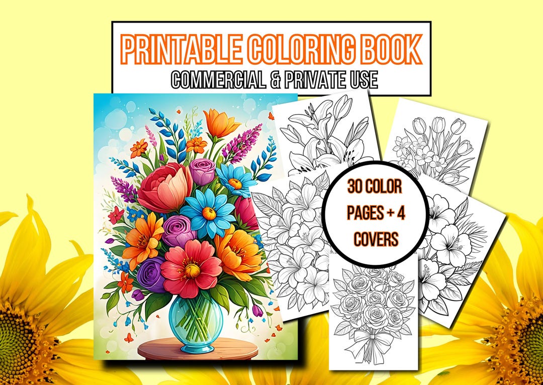 Flower Bouquet Coloring Book: 30 Printable Floral Pages (PLR) - Etsy
