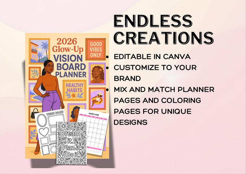 2026 Vision Board Coloring Planner: Melanin Art, PLR Printable (digital ...
