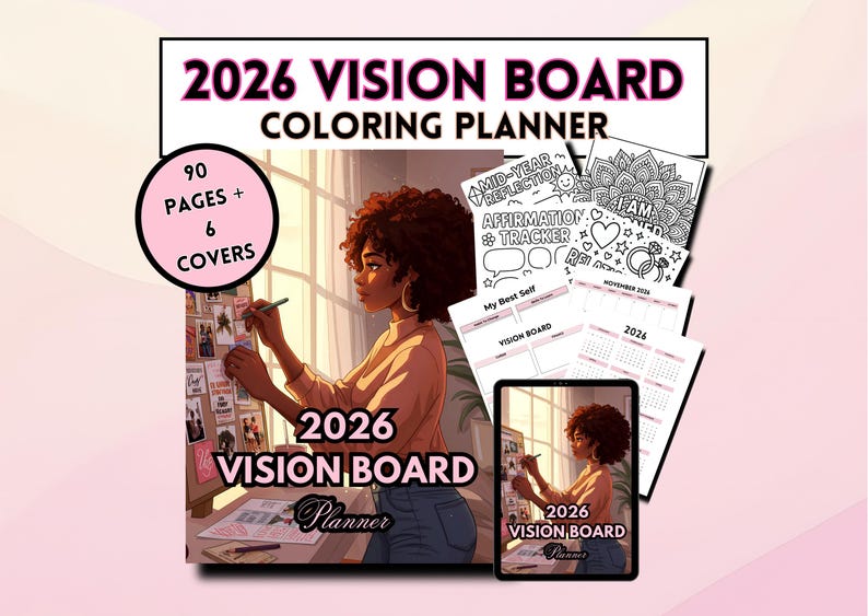 2026 Vision Board Coloring Planner: Melanin Art, PLR Printable (digital ...