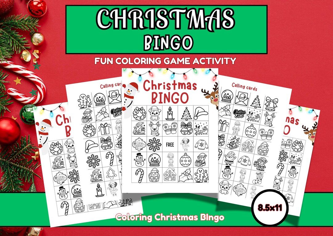 Coloring Christmas Bingo Game, Printable Holiday Bingo for Kids, Fun ...