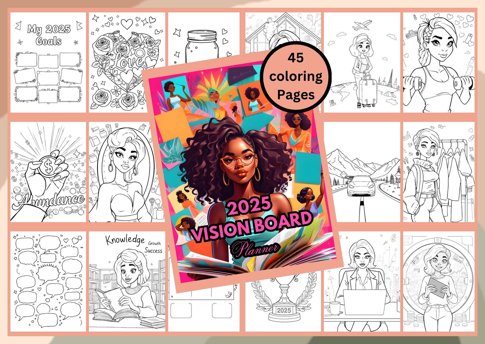 Vision Board Coloring Planner 2025 Colouring Pages Melanin PLR ...
