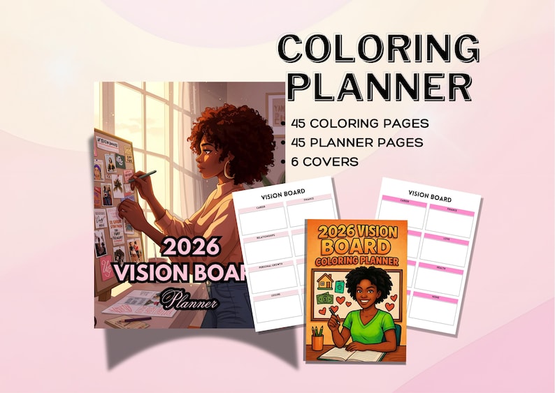2026 Vision Board Coloring Planner: Melanin Art, PLR Printable (digital ...