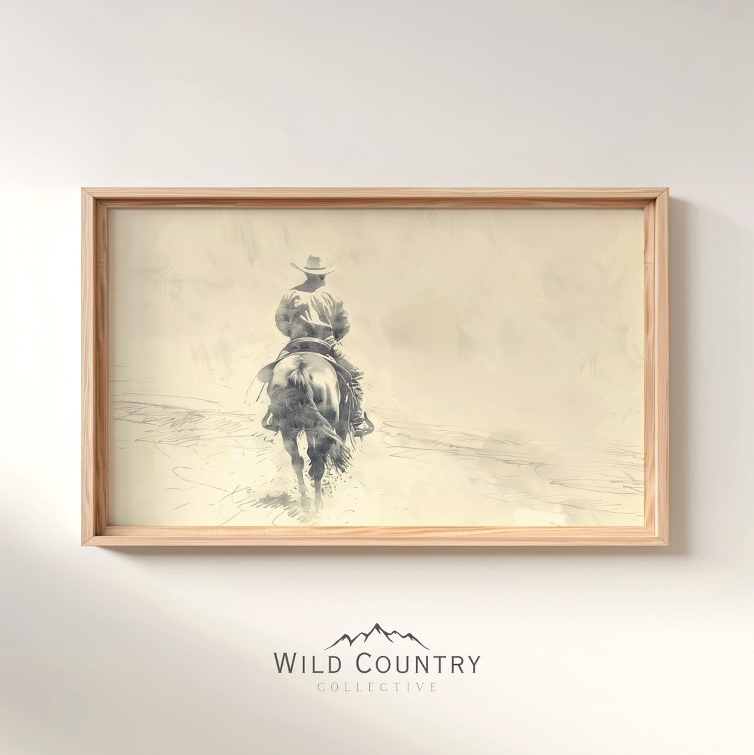 Printable Horse Rider Sketch, Vintage Western Cowboy Art, Neutral ...