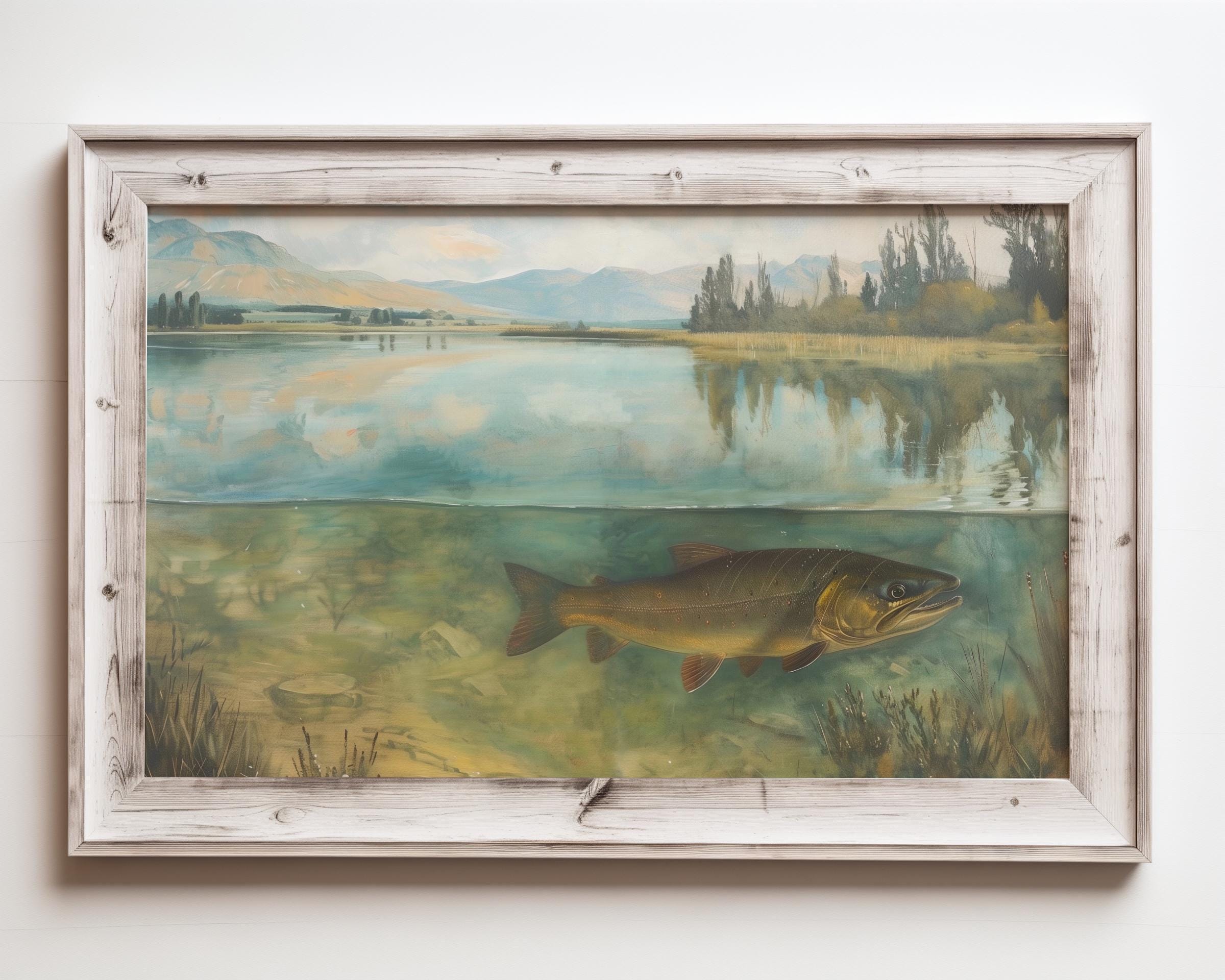 Antique Trout Poster Print, Rustic Lake Landscape Oil Painting ...