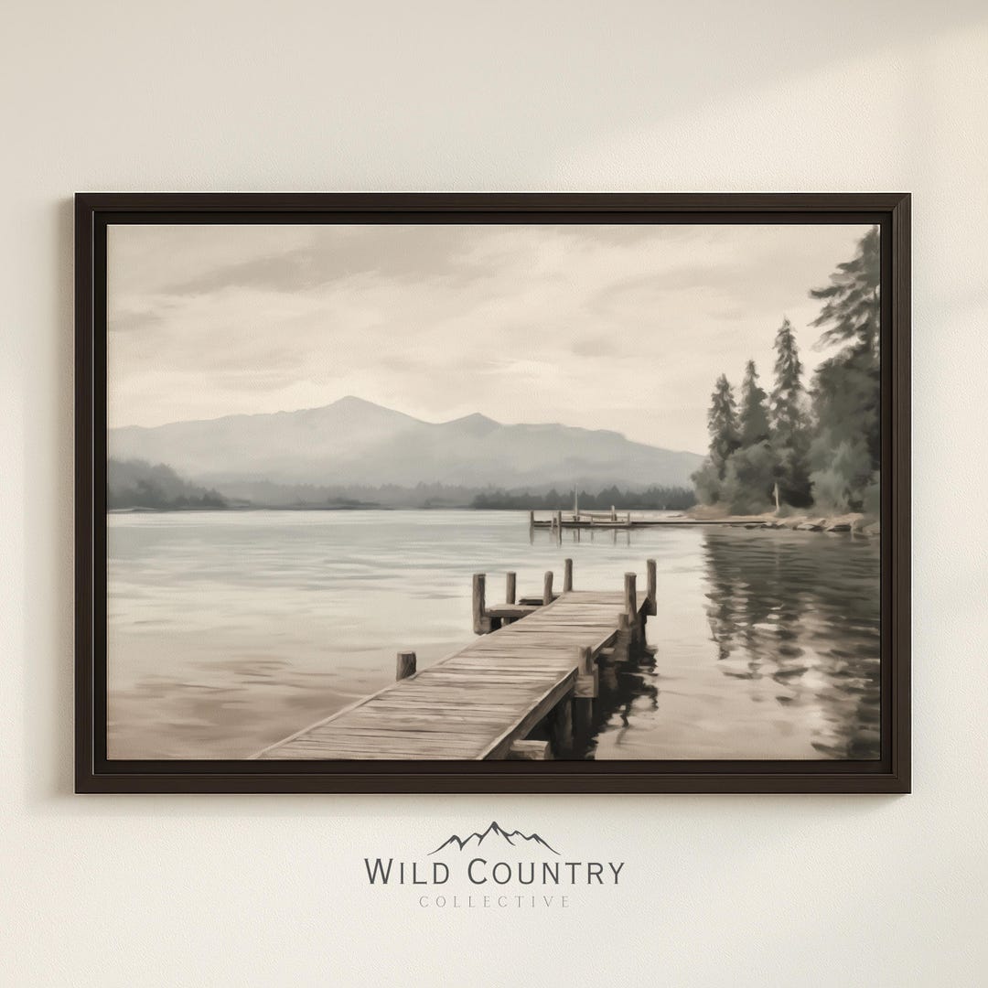 Framed Lake Artwork Canvas Dock Painting Calm Landscape Print Lake ...