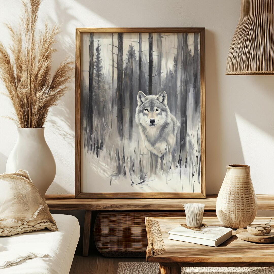 Printable Moody Gray Wolf Painting, Winter Forest Landscape, Wolf Art ...