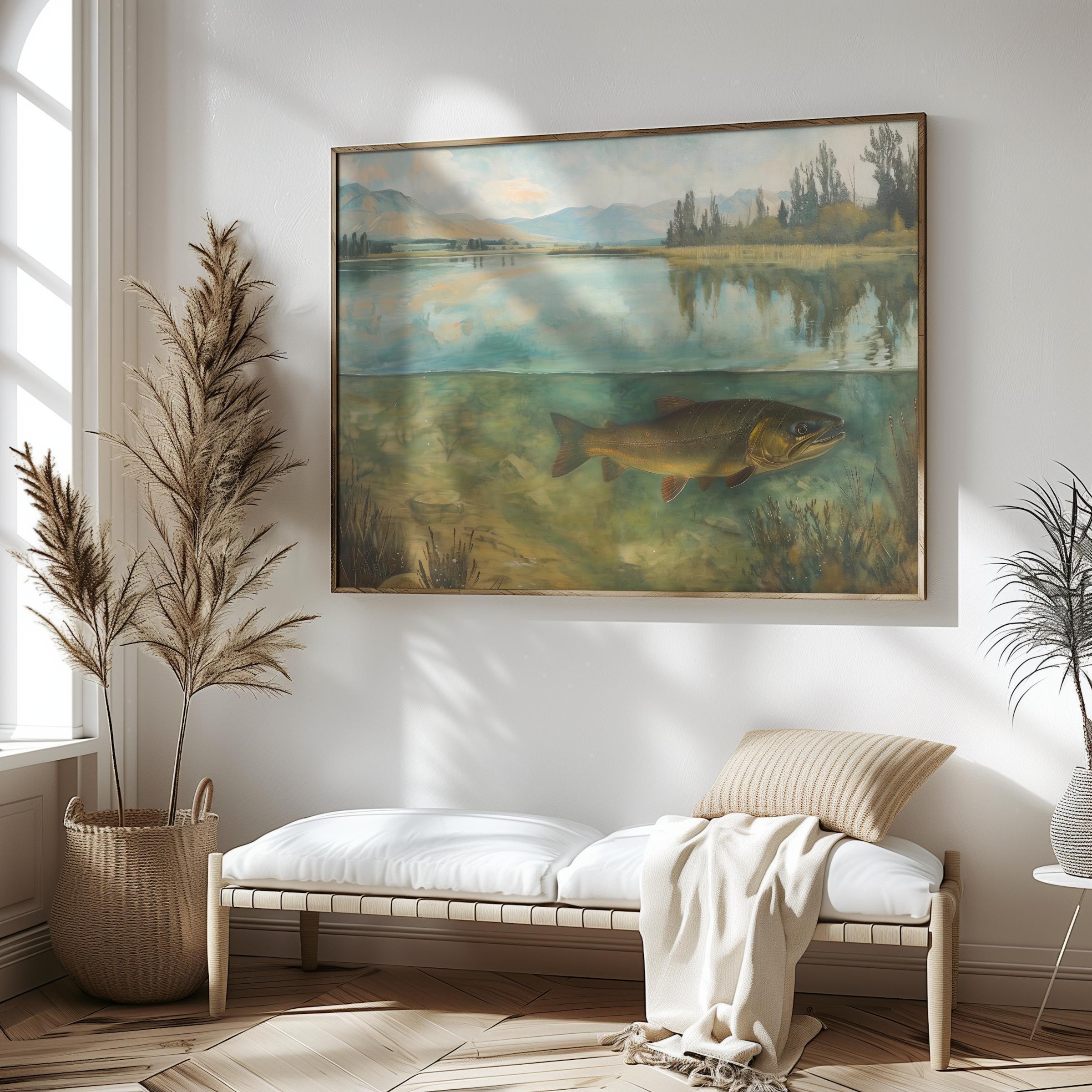 Antique Trout Poster Print, Rustic Lake Landscape Oil Painting ...