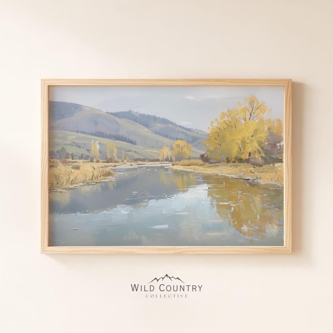 Vintage Faint River Oil Painting, Light Blue Painting, Muted River ...