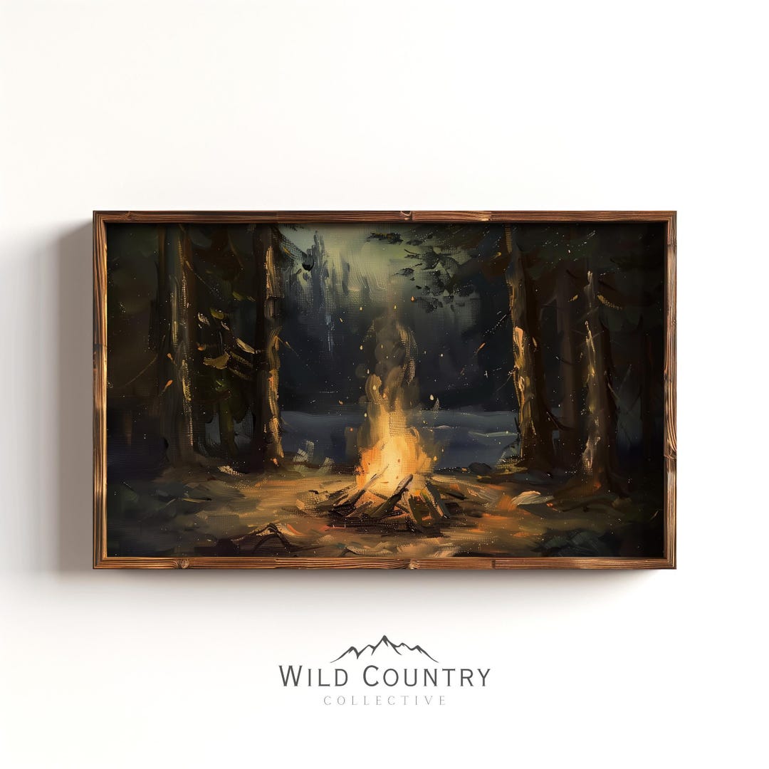 Rustic Campfire Oil Painting, Camping Theme Wall Art, Dark Wall Art ...