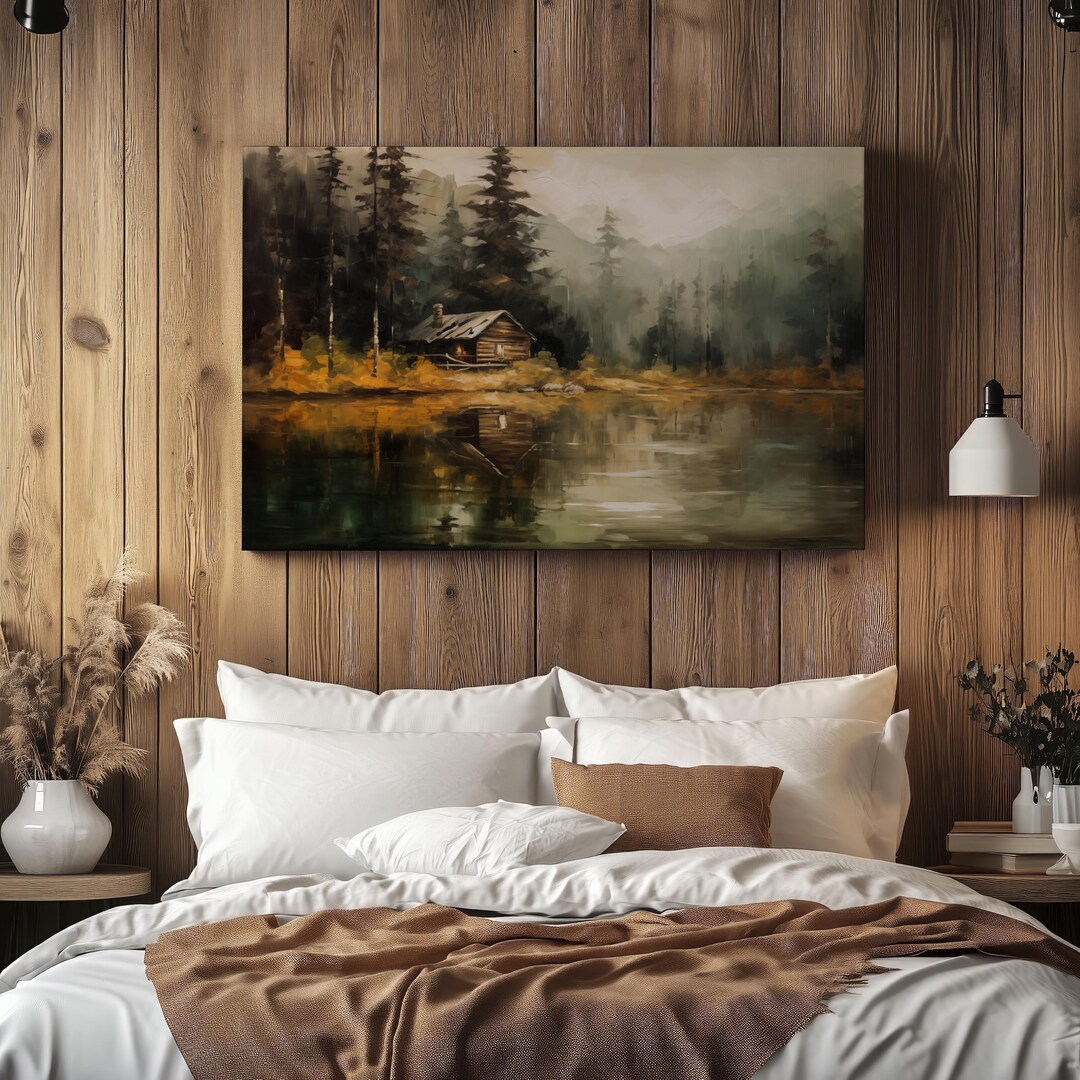 Dark Lake Canvas, Old Wood Cabin Painting, Moody Mountain Landscape ...