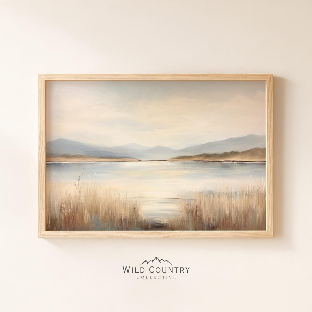 Muted Lake Painting, Vintage Lake View Print, Beige Aesthetic Decor ...