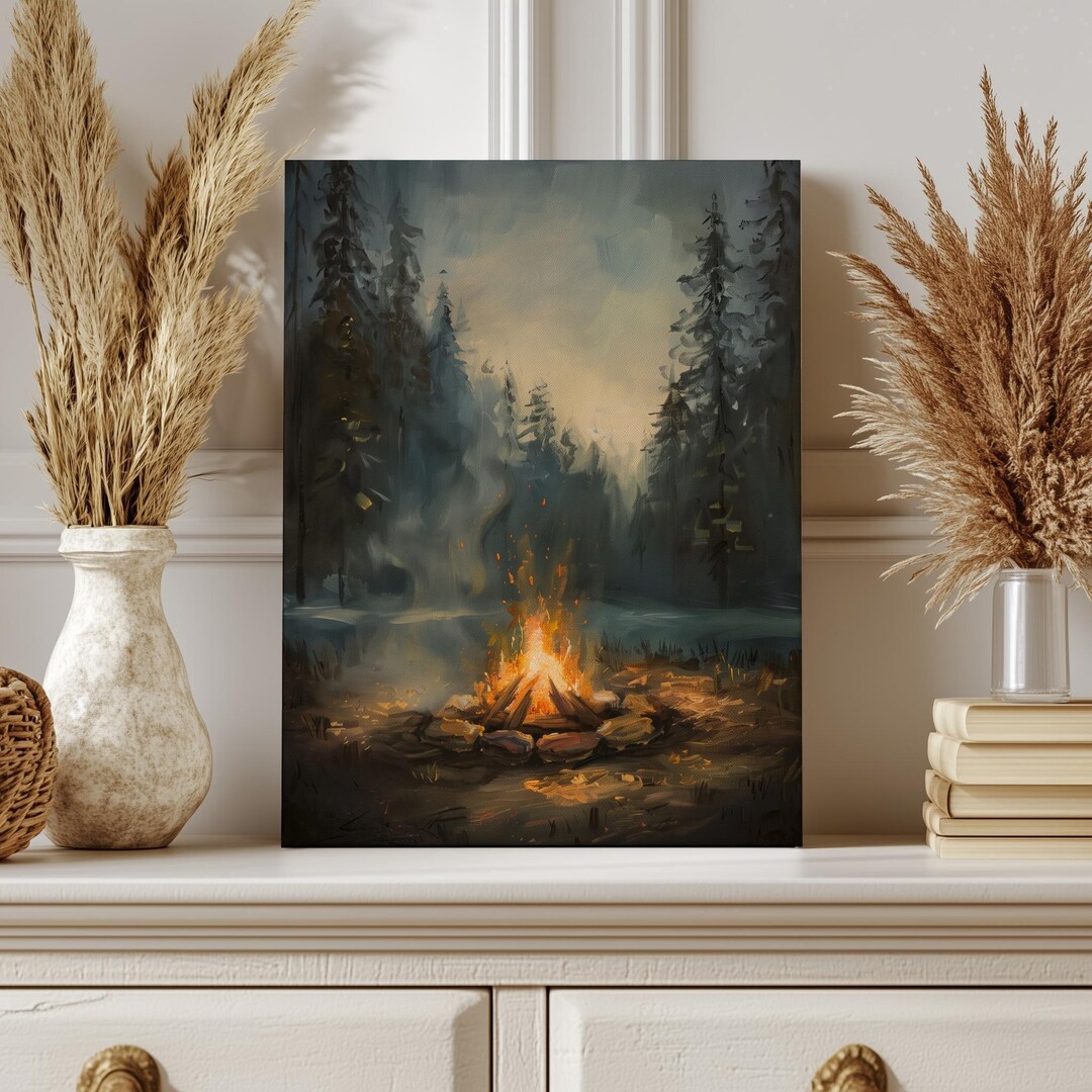 Rustic Campfire Canvas, Vintage Forest Painting, Dark Outdoor Wall Art ...