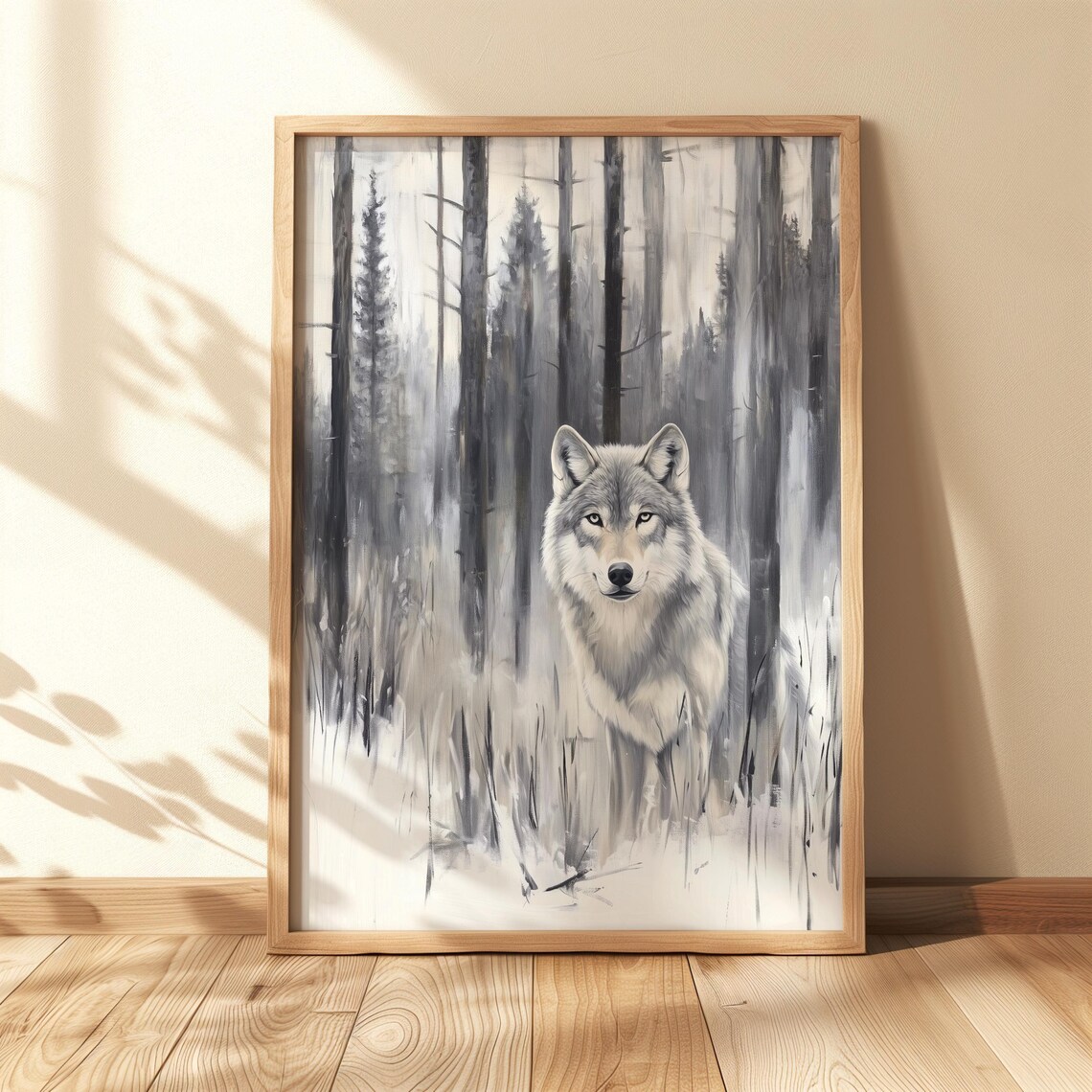 Snowy Wolf Art Print, Wildlife Wall Hanging, Moody Forest Decor, Rustic ...