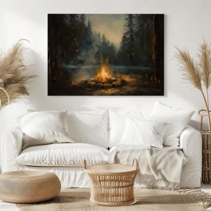 Moody Campfire Matte Canvas Print, Camping Theme Wall Art, Rustic Cabin ...