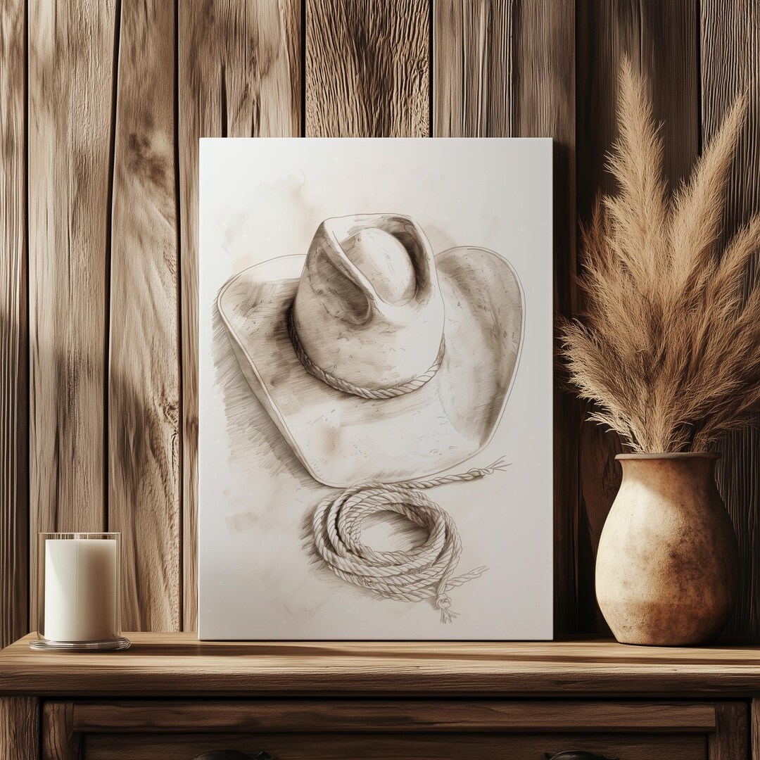 Vintage Cowboy Hat Canvas, Sketch Drawing, Rodeo Cowboy Wall Art ...