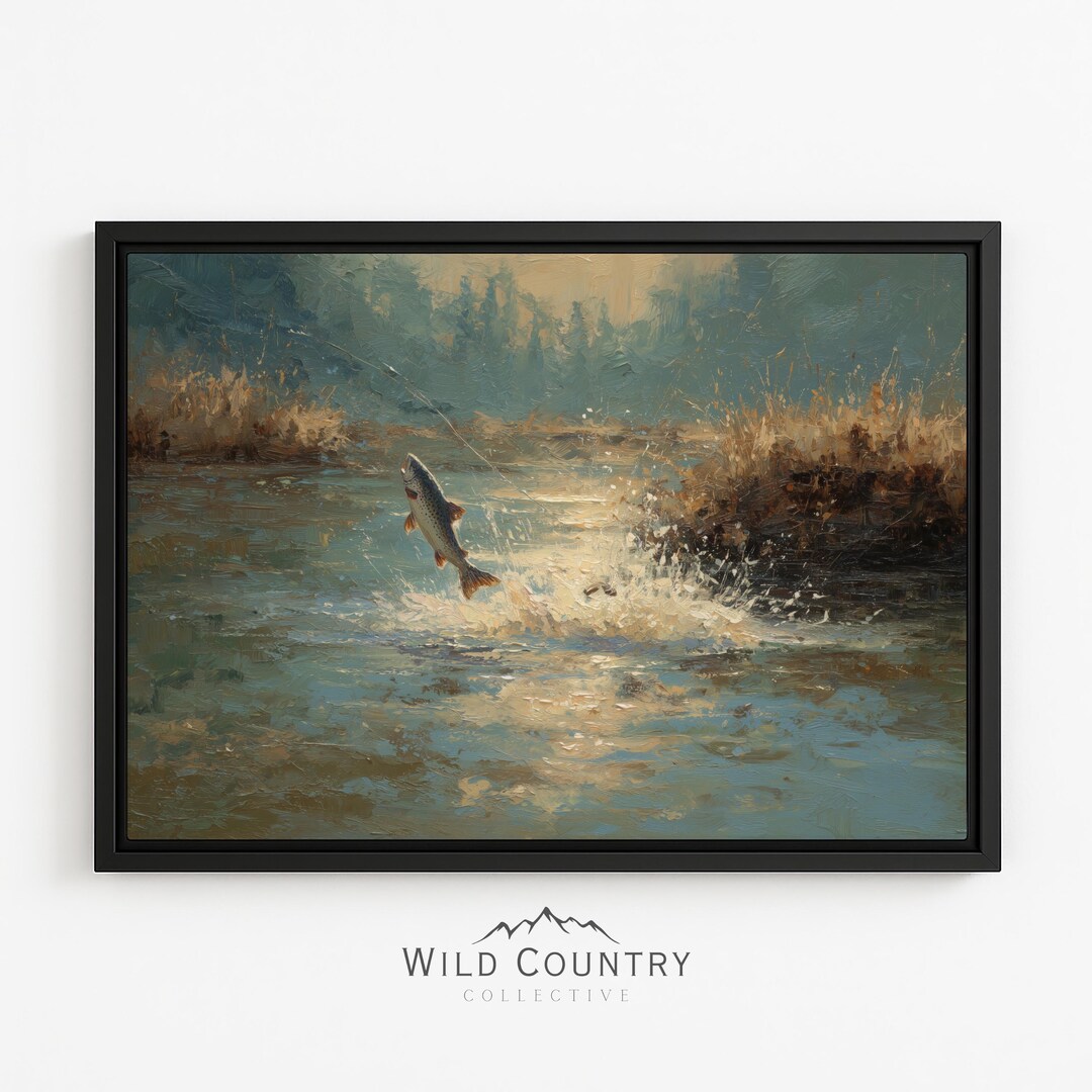 Framed Trout Canvas Fly Fishing Art Print Lake Painting Vintage Fly ...