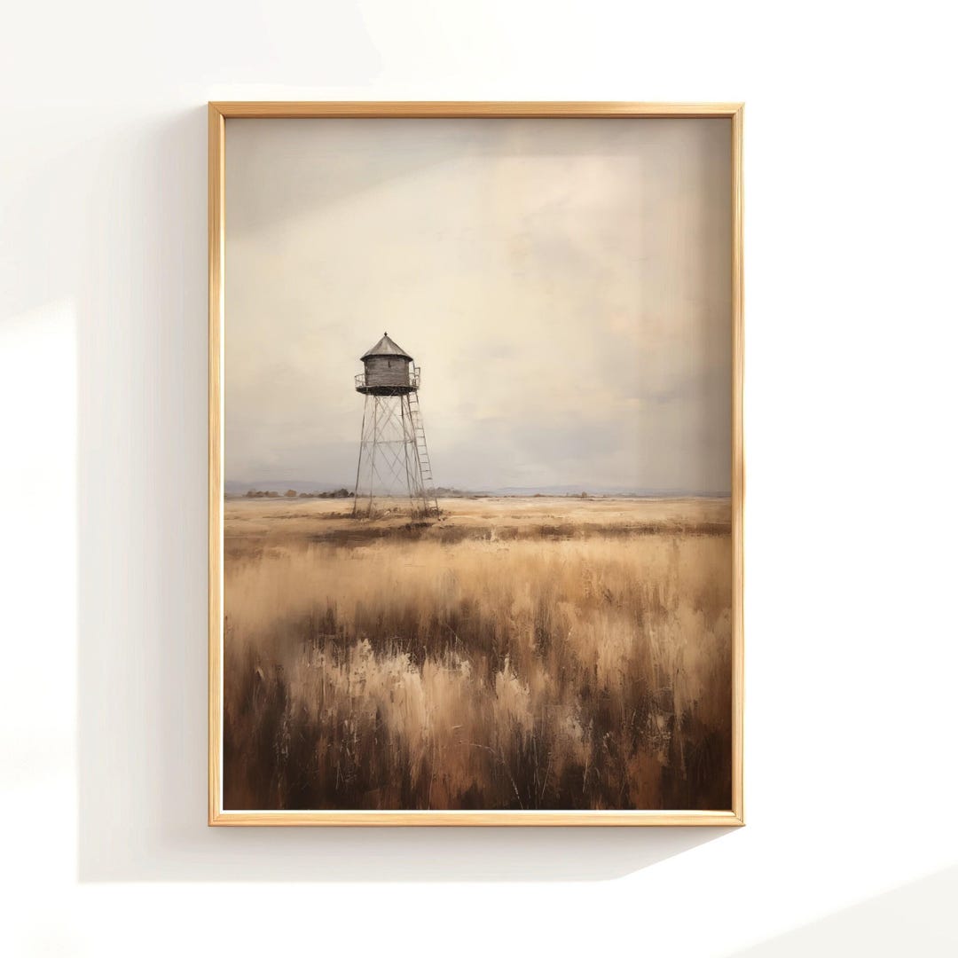 Rustic Water Tower Oil Painting, Vintage Western Painting, Western Wall ...