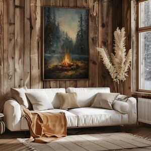 Rustic Campfire Wall Art Print, Vintage Forest Painting, Cabin Wall ...