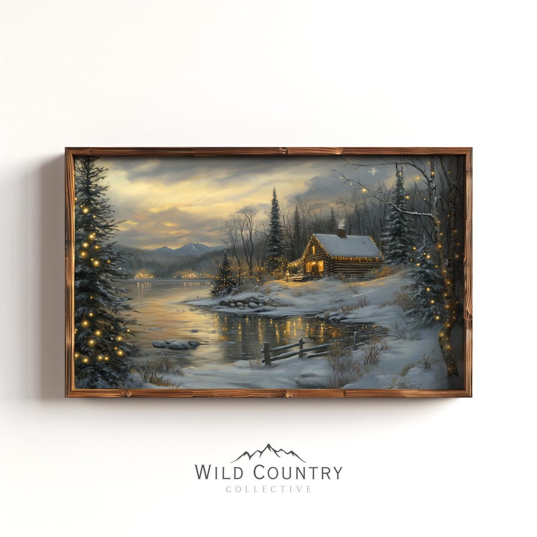 Vintage Christmas Cabin Art Print, Snowy Trees Wall Art, Christmas Wall ...