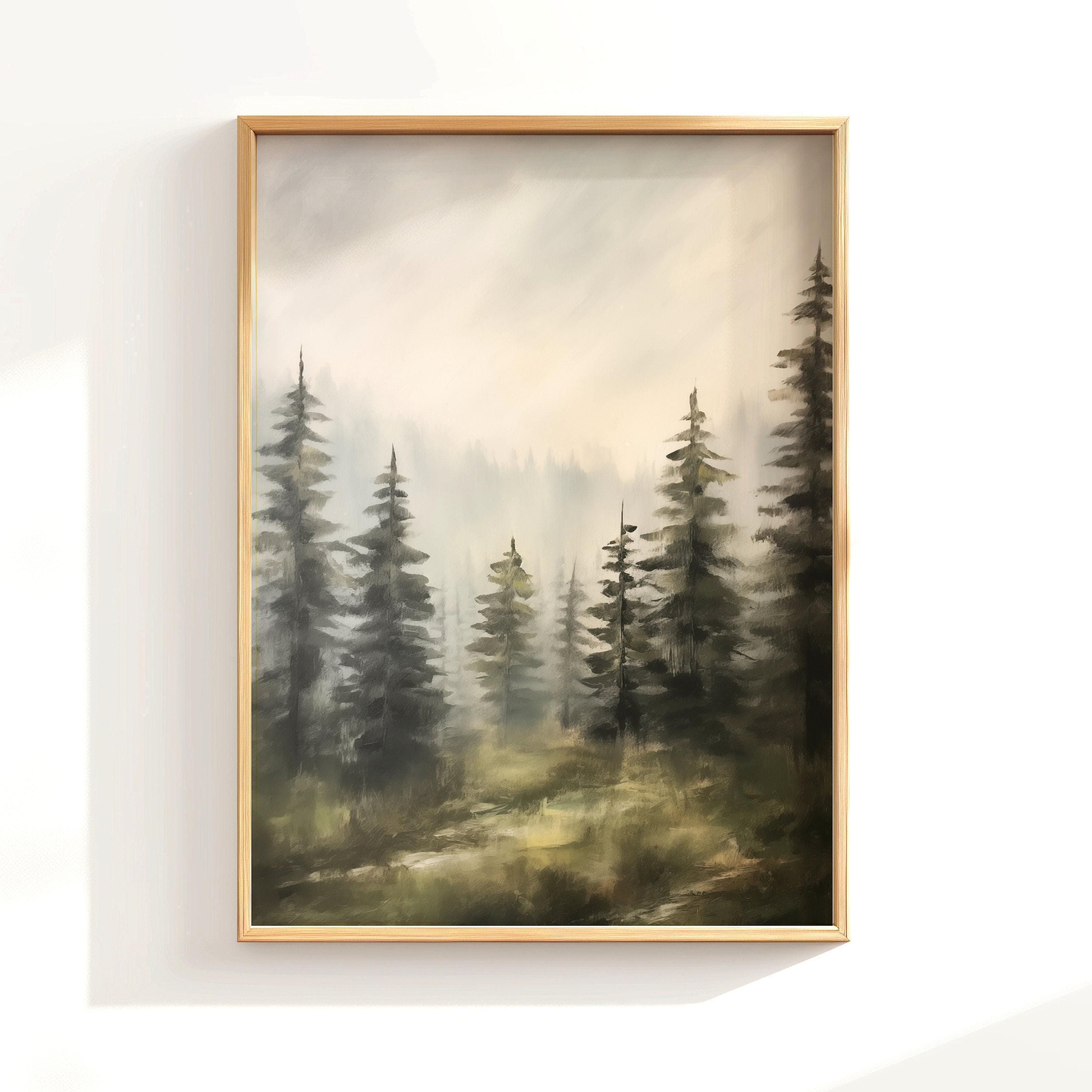 Evergreen Pine Tree Art Print, Foggy Forest Landscape, Mountain Cabin ...