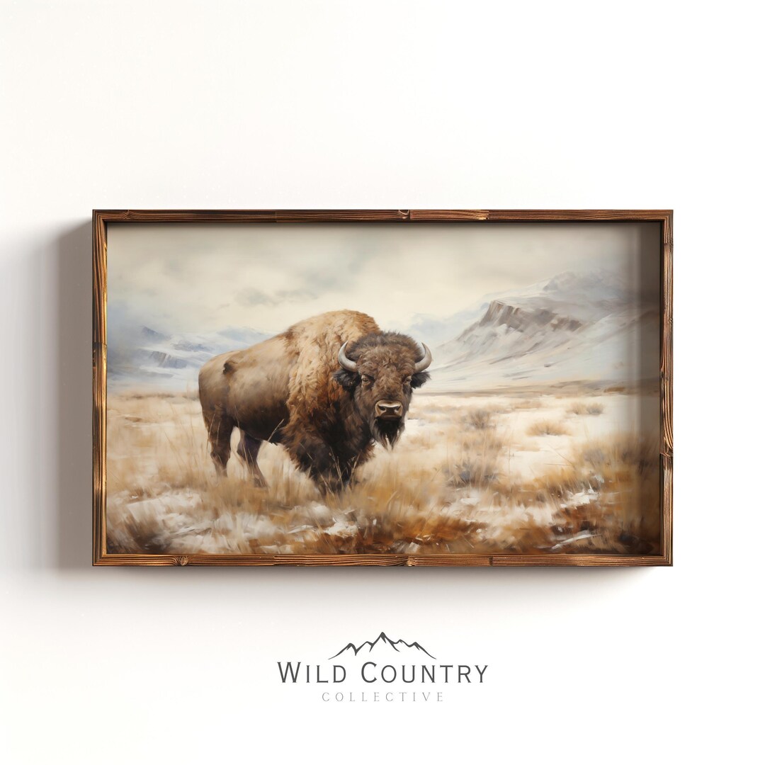 American Bison Art Print, Mountain Landscape Painting, Vintage Buffalo ...