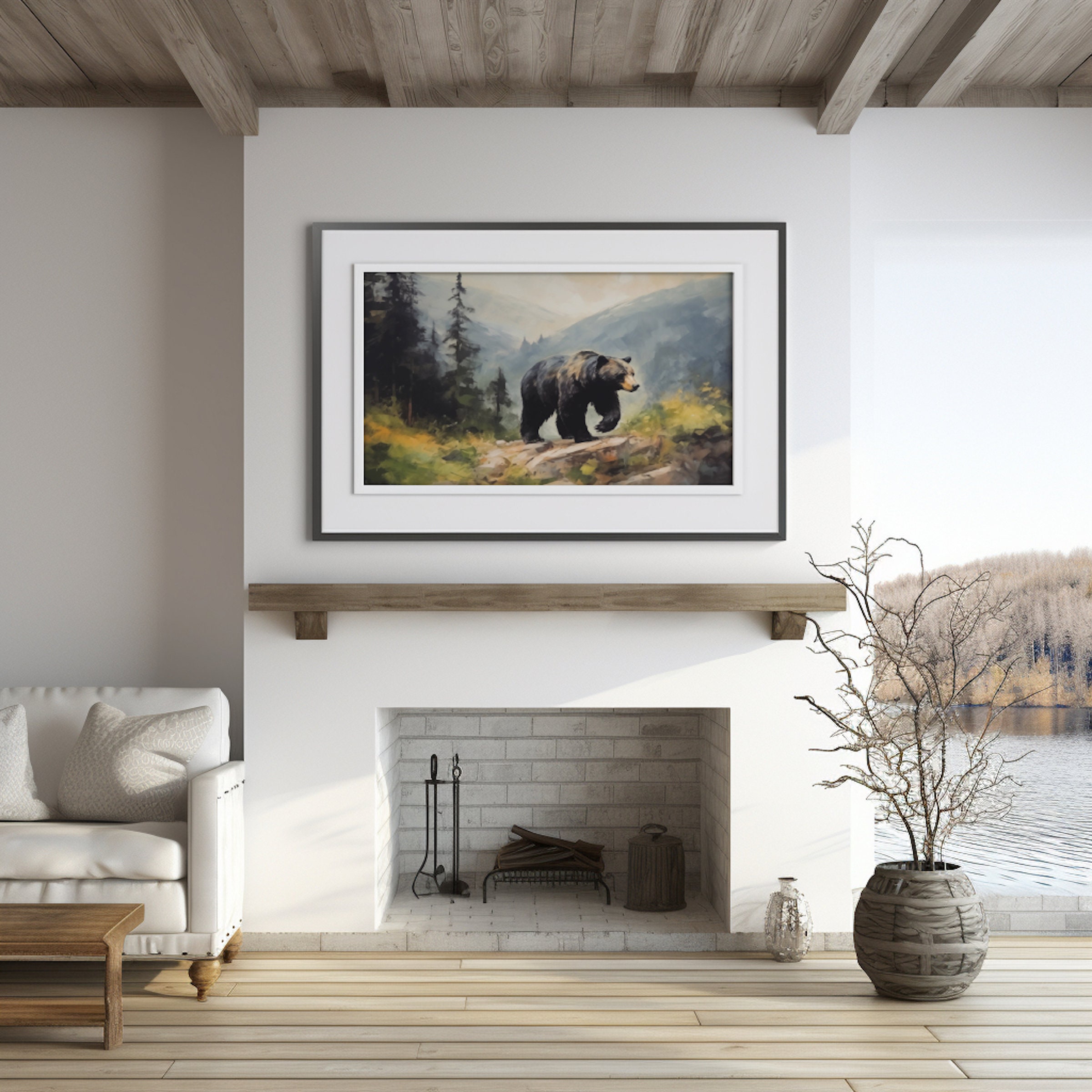 Rustic Black Bear Oil Painting, Woodland Animal Wall Art, Vintage ...